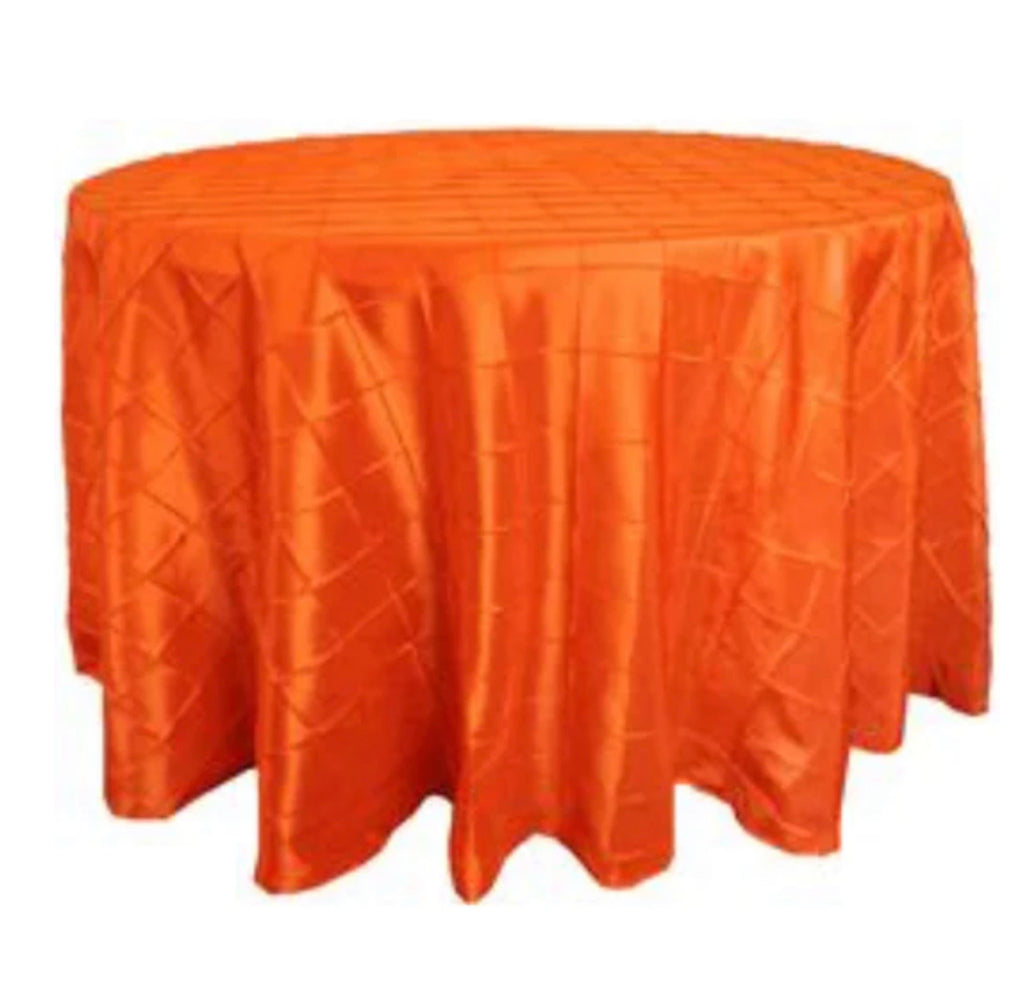 90" Round Orange Pintuck Table Drape – 3 Little Birds Event Planning