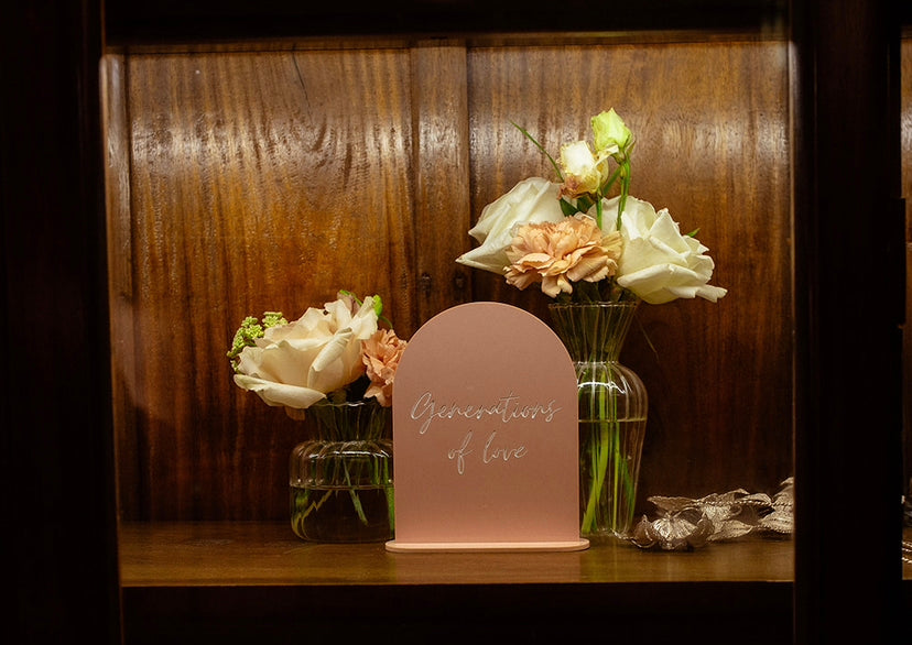 Blush Acrylic "generations of love" sign – 3 Little Birds Event Planning